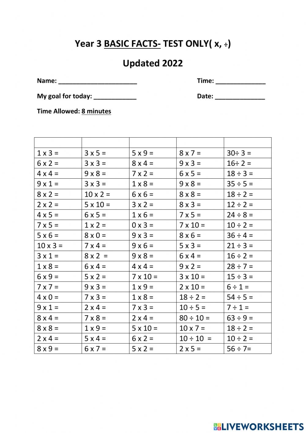 Basic Facts Timed Tests Printable Printable Worksheets