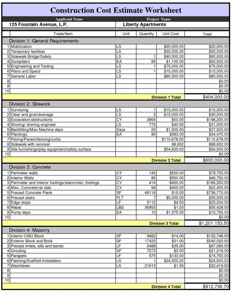 Building Advisor Estimating And Budgeting Worksheet Printable Worksheets