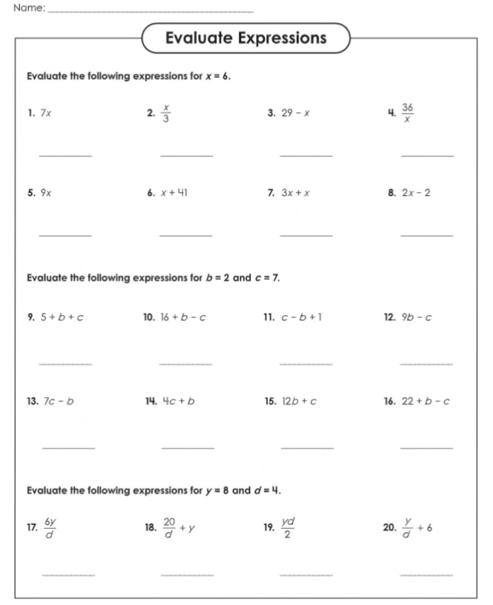 Evaluating Expressions With Multiple Variables Worksheets Printable
