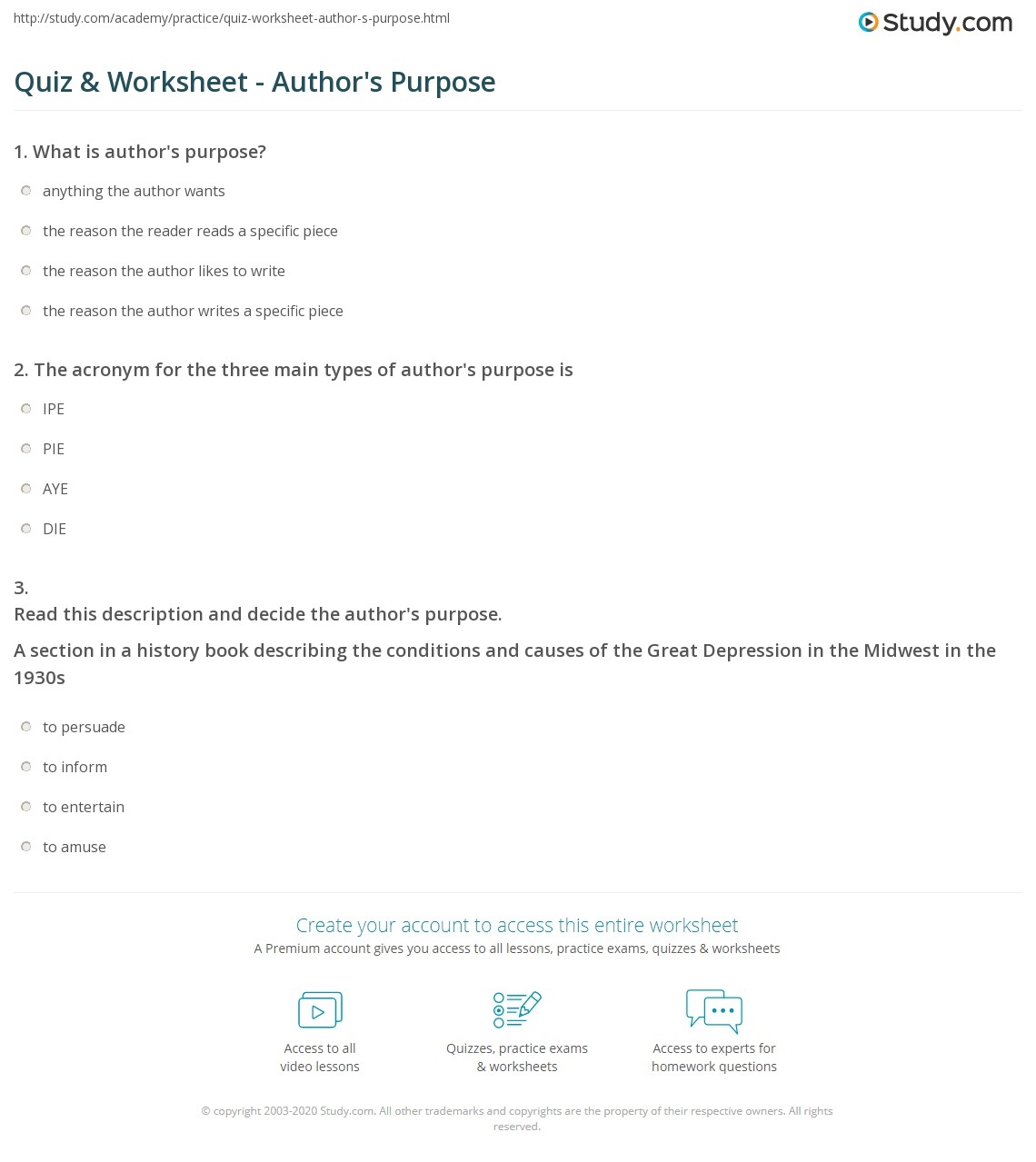 Author s Purpose Multiple Choice Worksheets Printable Worksheets