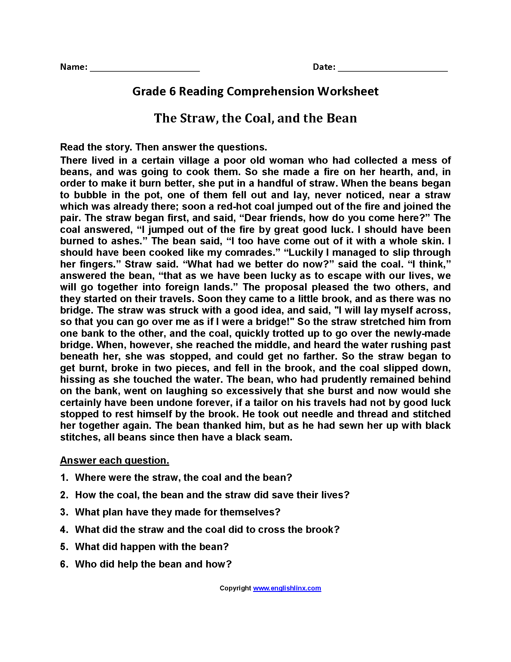 6th Grade Reading Comprehension Worksheets Multiple Choice Printable