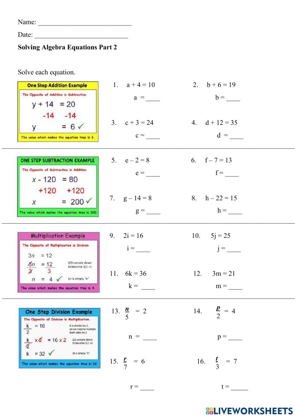 Solving One step Equations Multiplication And Division Worksheets 