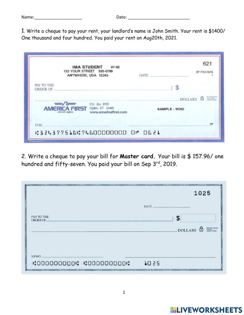 Writing A Check Worksheet Printable Worksheets