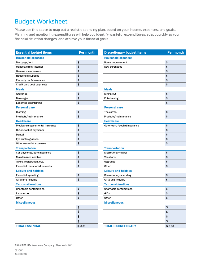Tiaa Retirement Budget Worksheet Printable Worksheets