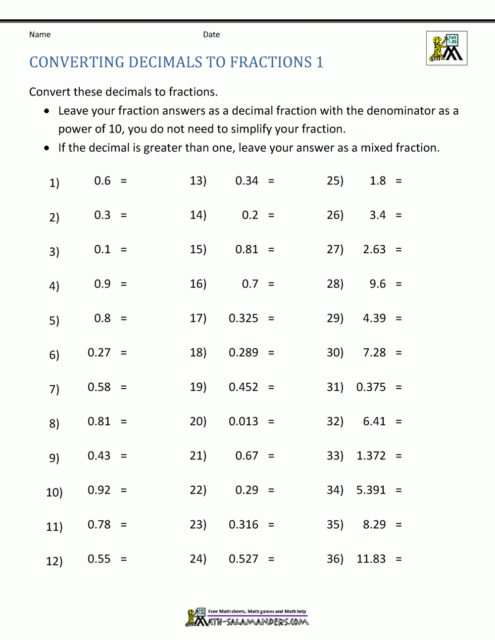 Writing Decimals As Fractions Worksheet Printable Worksheets