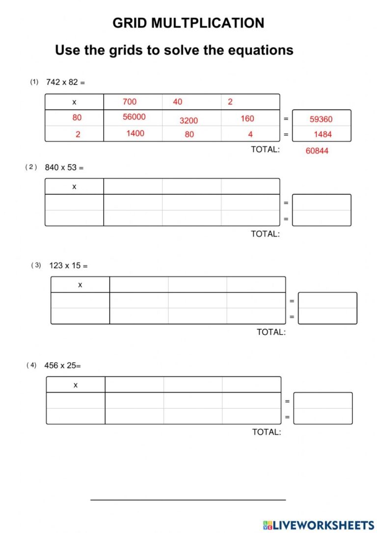 Multiplication Using Grid Method Worksheets Printable Worksheets