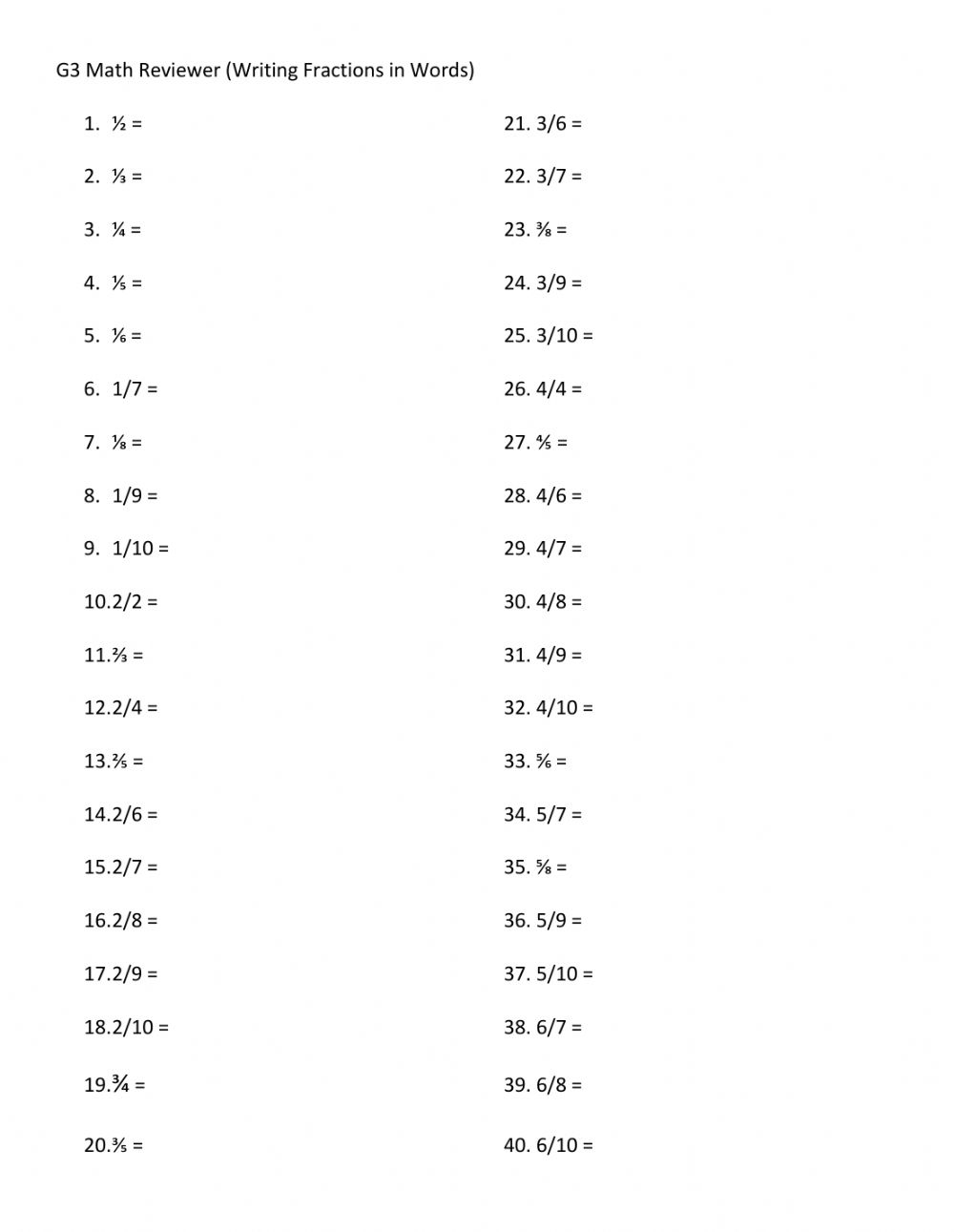 Writing Fractions In Words Worksheets Pdf Printable Worksheets