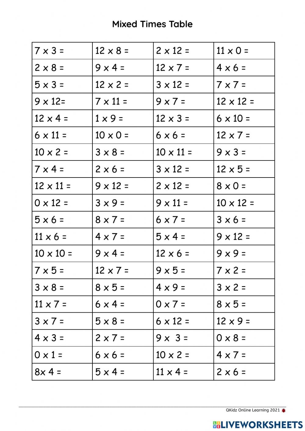 Multiplication Table Practice Printable