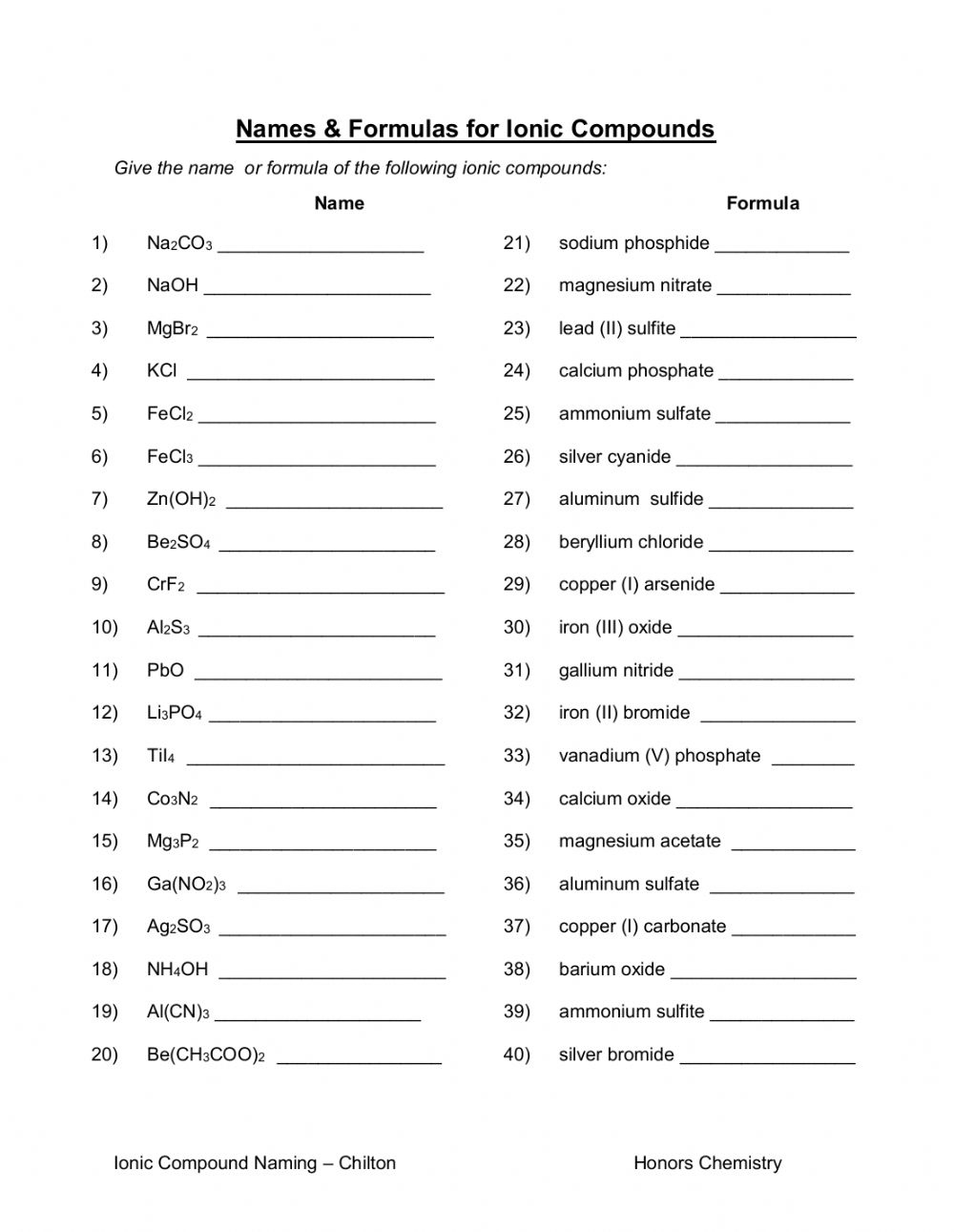 Naming And Writing Formulas For Ionic Compounds Worksheet Answers