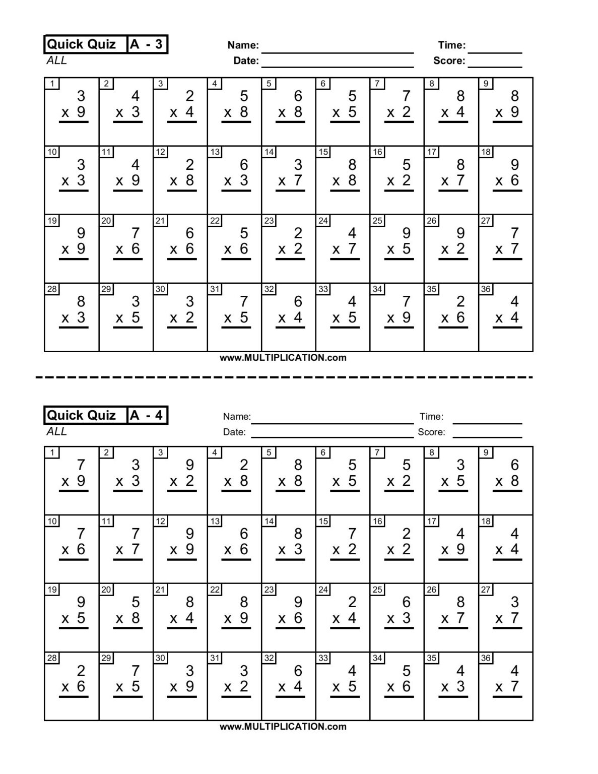 Quick Multiplication Quiz Printable Worksheets
