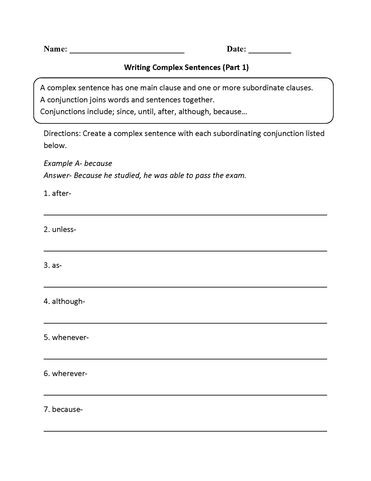 Writing Complex Sentences Worksheet - Printable Worksheets