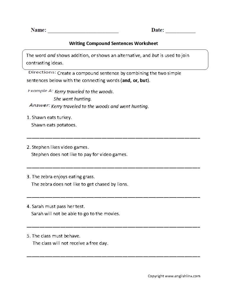 Writing Compound Sentences Worksheet Printable Worksheets
