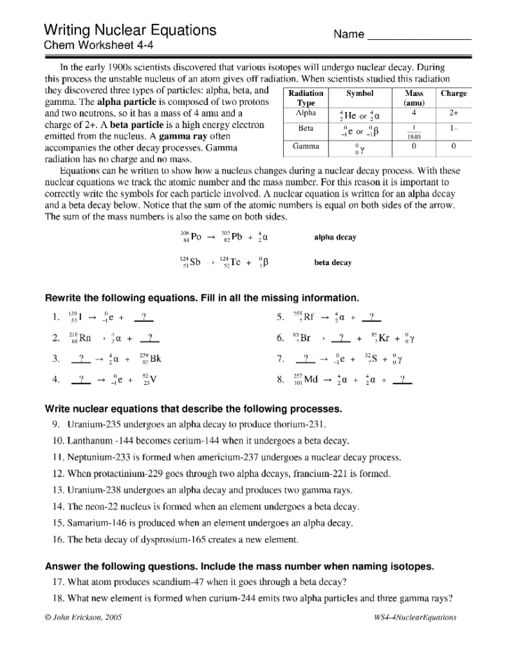 Writing Nuclear Equations Chem Worksheet 4-4 - Printable Worksheets