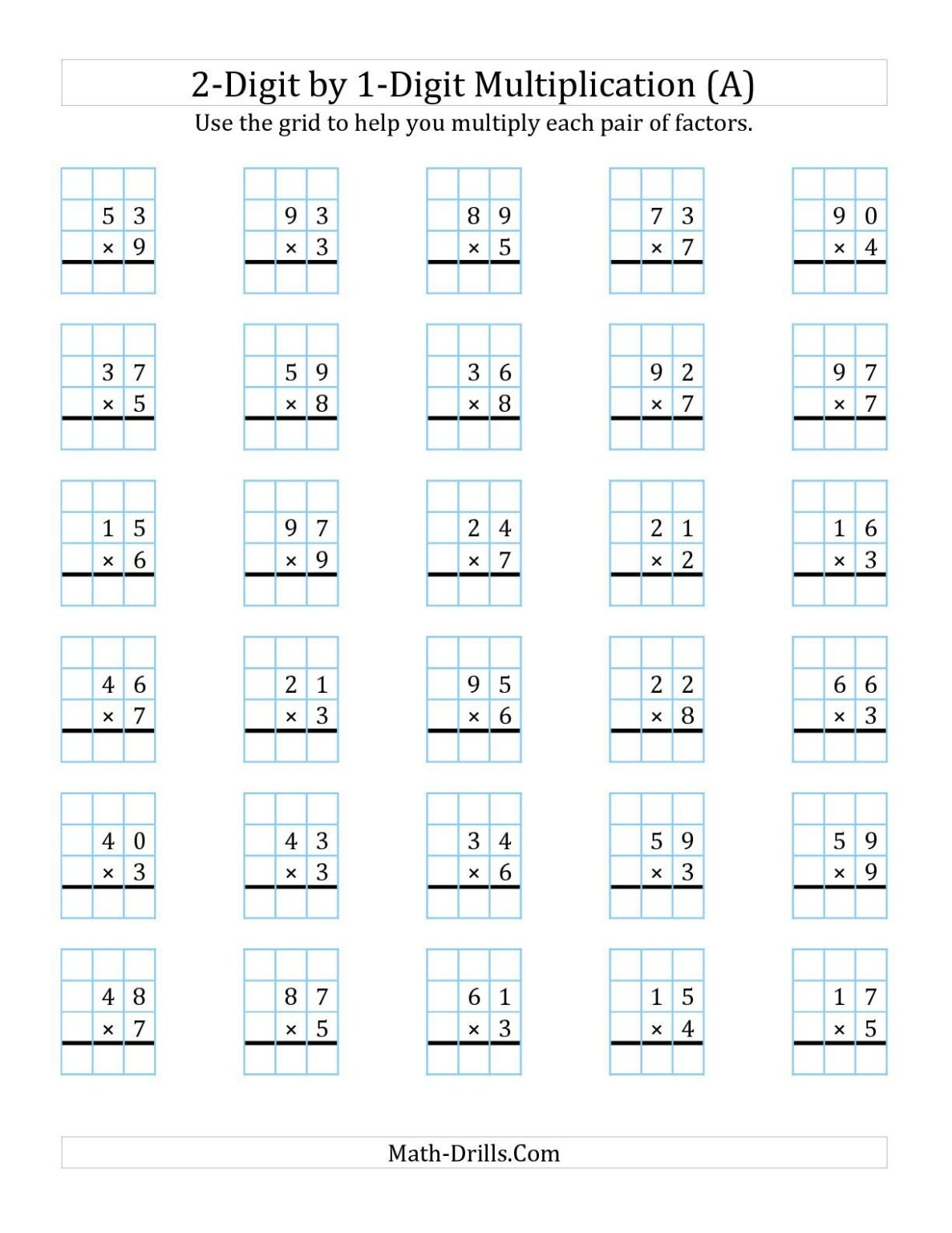2 digit By 1 digit Multiplication Worksheets With Grids Printable 