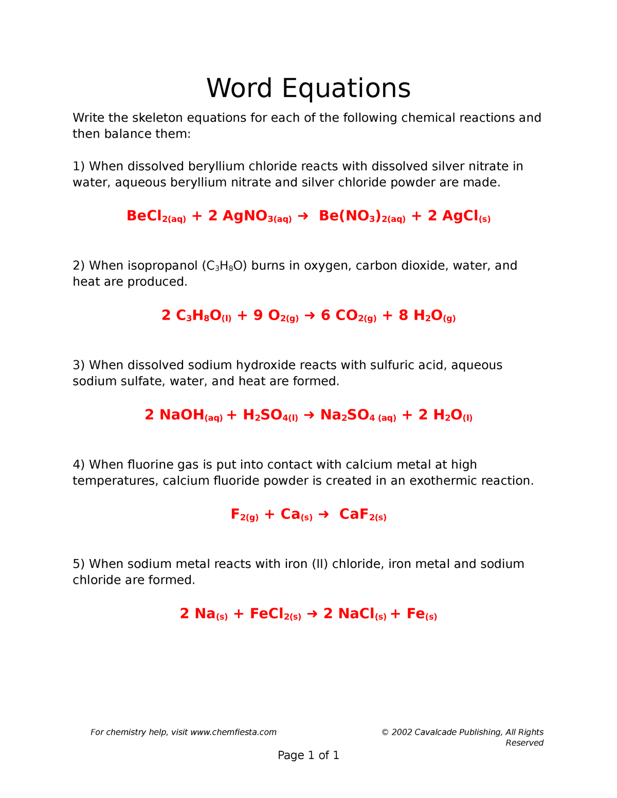 Writing Chemical Equations From Word Equations Worksheet Answers