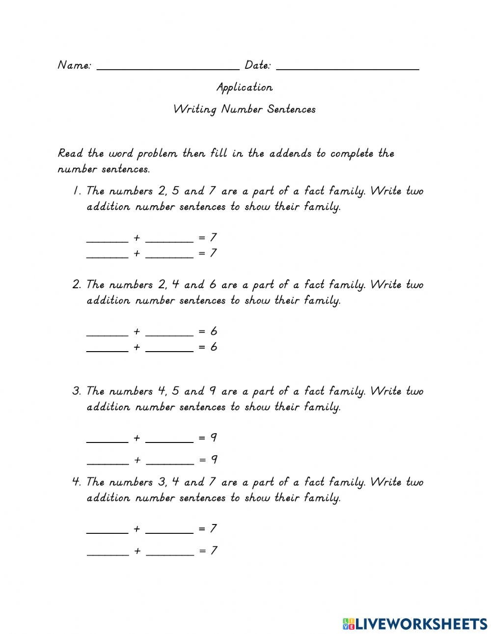 Writing Number Sentences Worksheets Printable Worksheets